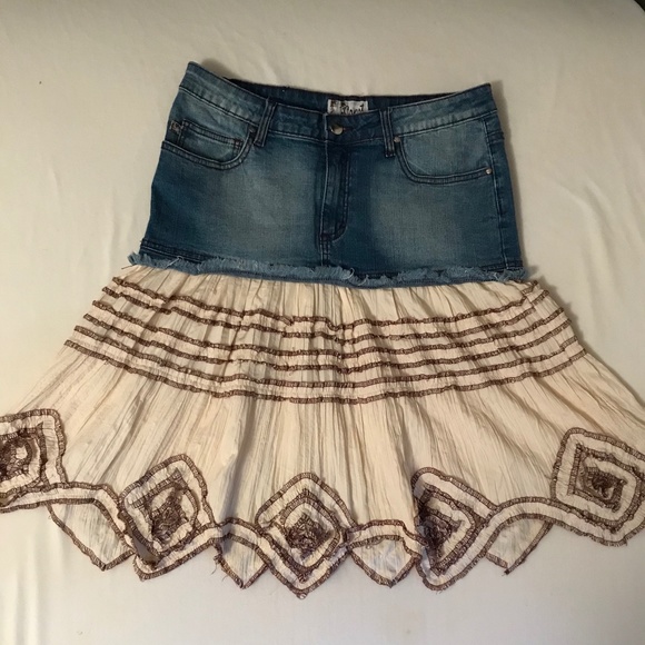 Crest | Skirts | Crest Denim Skirt With Flowing Tan Bottomskirt Size 9 ...